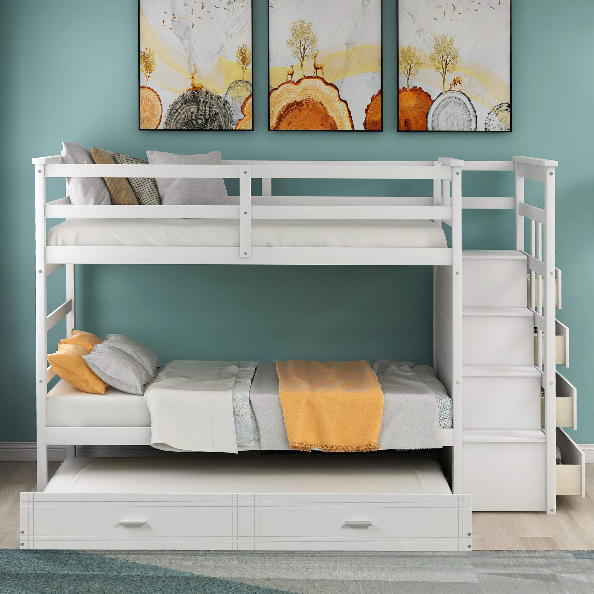 Twin Over Twin Bunk Bed with Twin Size Trundle, Solid Wood Bunk Beds with 4 Storage Drawers, Staircase and Safety Guard Rail, No Box Spring Needed (White)