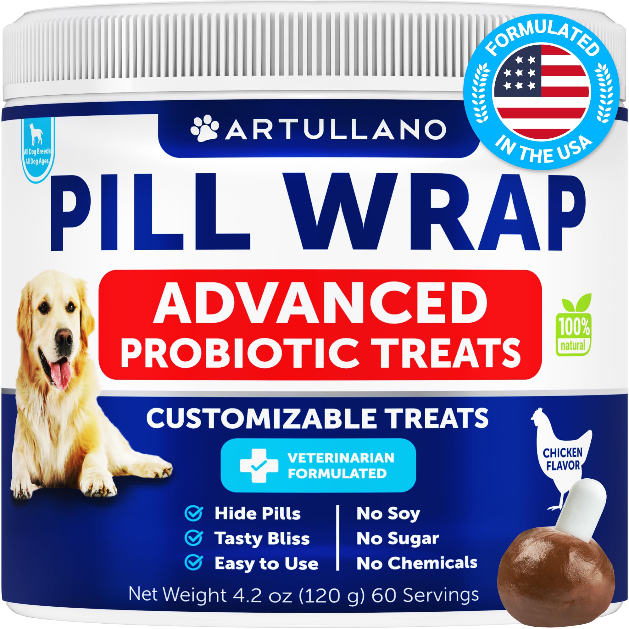 Pill Paste for Dogs - Pill Wrap for Dogs - Wrap a Pill for Dogs - Pill Wrap Masker Treats for All Breeds & Ages - Soft Dog Treats to Hide Pills, Capsules, Tablets - Chicken Flavor - 60 Servings