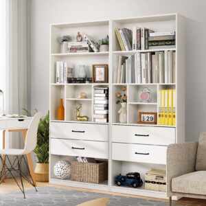 SEJOV White Bookshelf, 71" Tall Bookcase with 2 Drawers, Wooden Bookcases 4-Tier Open Shelves, Bookshelves and Storage Cabinet Floor Standing for Bedroom, Living Room, Office