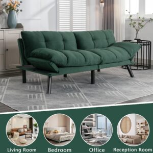 70“ Modern Velvet Futon Couch Sleeper,Convertible Sleeper Sofa Bed with Adjustable Backrests and Folding Armrest for Living Room Bedroom Office Apartment,Split Back,Mattress Included (Green)