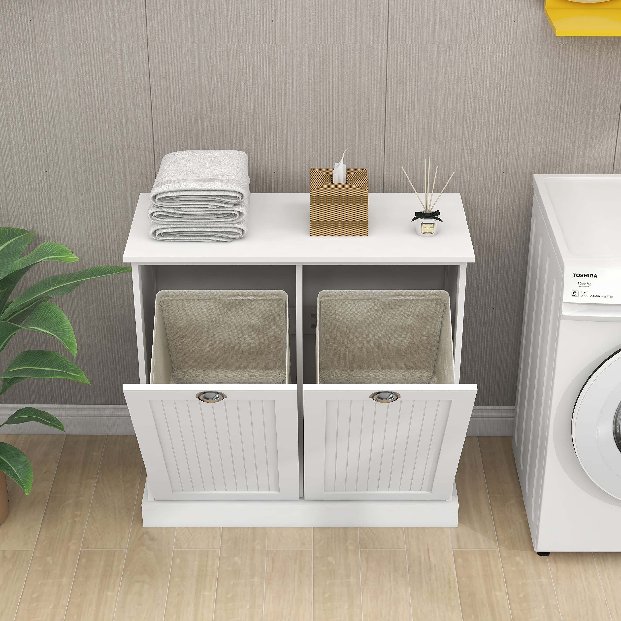 ODUWA Double Tilt Out Laundry Cabinet,Wood Hidden Laundry Hamper Cabinet with Removable Basket,Free Standing Bathroom Laundry Sorter Storage Cabinet