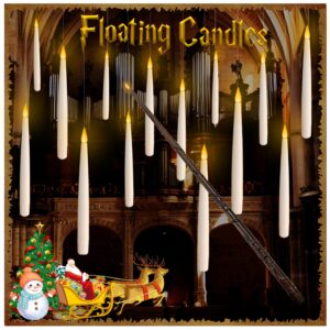 qvaive floating candles with wand, 10pcs magic flameless hanging candles,flickering led taper window candles for home halloween christmas decoration party birthday