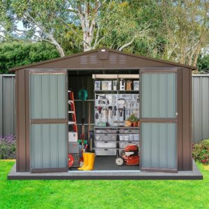 hikingking 10x8 ft metal outdoor tool house, large steel utility backyard storage sheds with double lockable doors & air vents, waterproof for garden, patio lawn, brown