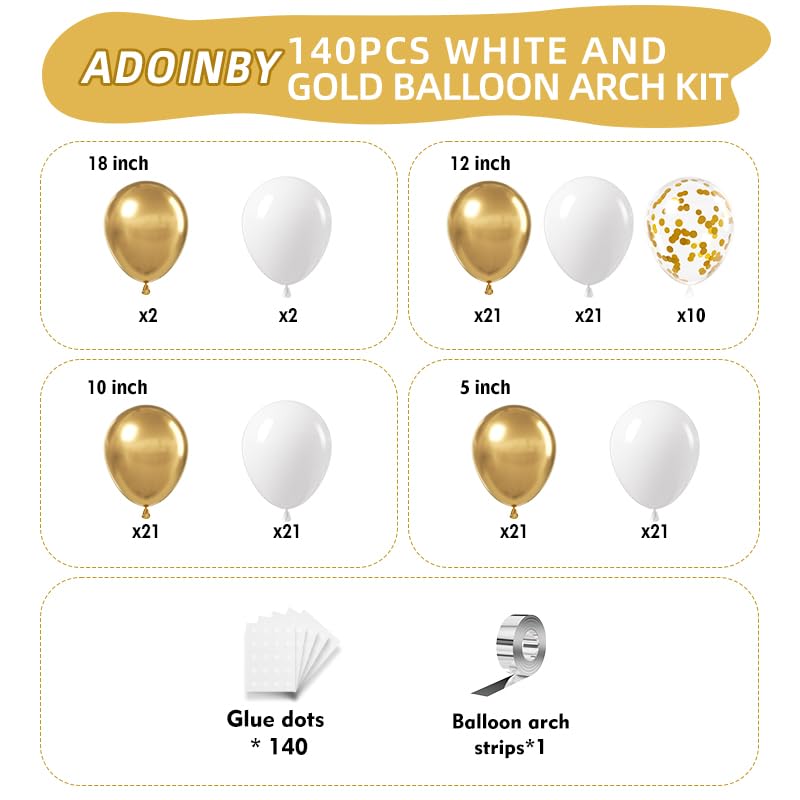 White and Gold Balloon Arch Kit, 140Pcs Matte White Metallic Gold and Gold Confetti Party Balloon Garland Kit for Wedding, Engagements, Birthday, Bridal Shower, Baby Shower Anniversary Decorations