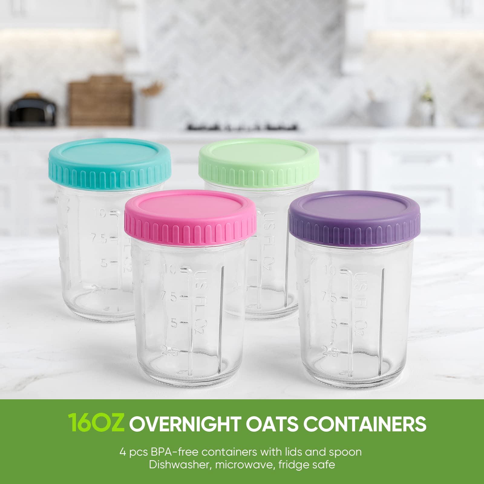 KITCHOP Overnight Oats Containers with Lids and Spoon,Mason Jars,16 Oz Glass Oatmeal Container to Go for Chia Pudding Yogurt Salad Cereal Meal Prep Jars,Pink(Pack of 2)