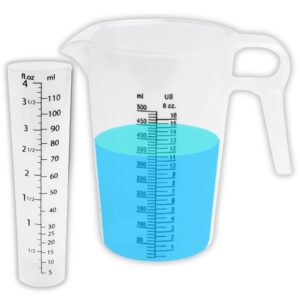 accupour 4oz (110 ml) graduated cylinder, and 16oz (500 ml) measuring pitcher- heat resistant & chemical resistant, great for chemicals, oil, pool and lawn, home brew - ounce (oz) and milliliter (ml)