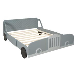 Harper & Bright Designs Full Size Car Bed for Kids, Wood Platform Bed with Wheels, Headboard and Footboard, Race Car Bed Frame with Slats Support for Boys Girls, Gray