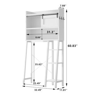 MU Over The Toilet Storage Cabinet with Sliding Door, 32.5" W Free Standing Toilet Shelf Space Saver with 3 Side Hooks & Anti-Tip Design, Space-Saving Toilet Rack for Bathroom, Laundry, White