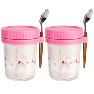 kitchop overnight oats containers with lids and spoon,mason jars,16 oz glass oatmeal container to go for chia pudding yogurt salad cereal meal prep jars,pink(pack of 2)