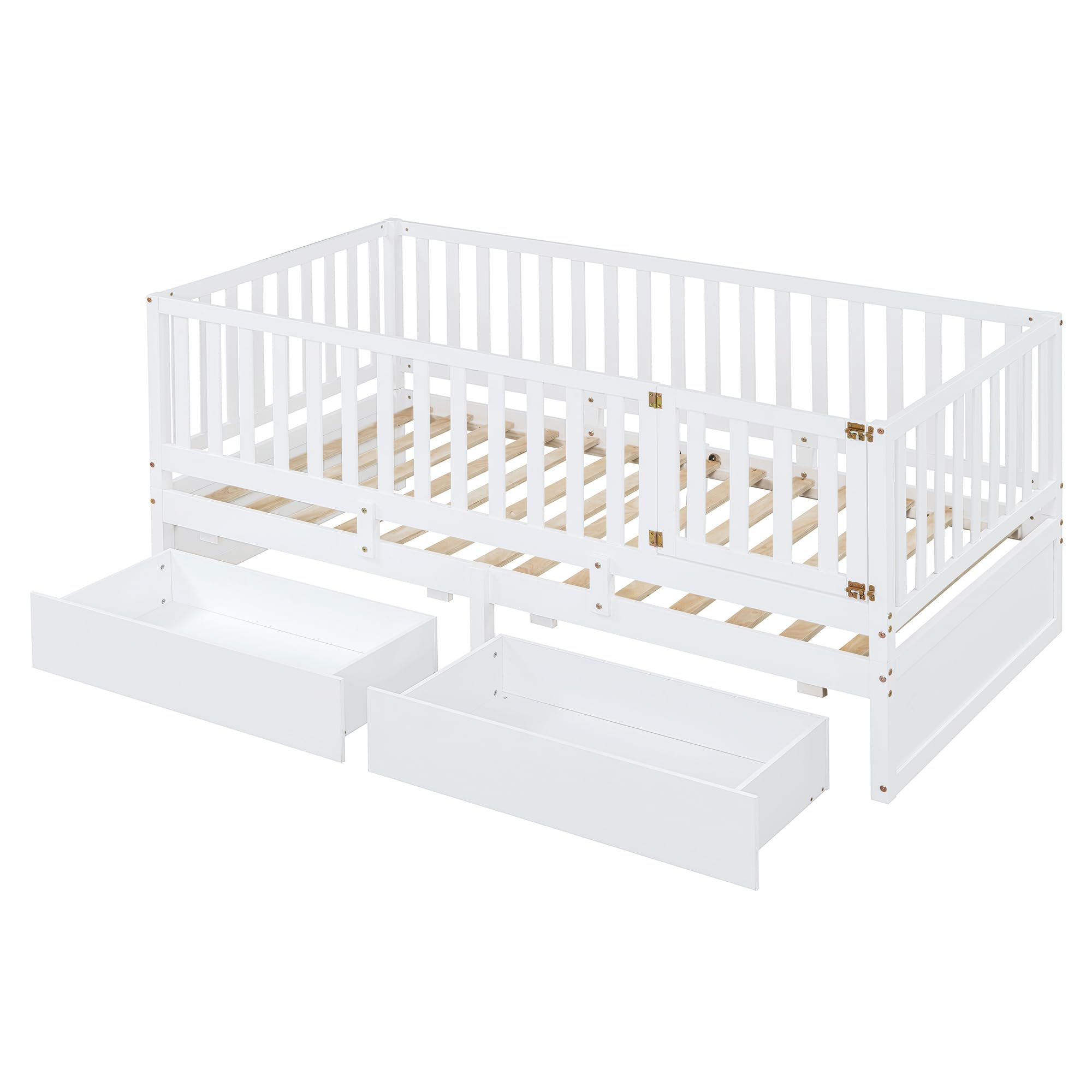 Twin Bed Frame with Rails and Storage Drawers, Can Be Divided into A Twin Size Floor Bed with Fence and A Daybed with 2 Drawers, Wood Montessori Beds for Kids Boys Girls Teens, White