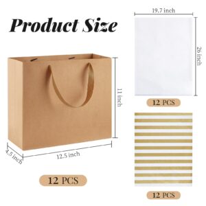 Ohuimrt 12 Pack 12" Large Gift Bags with Tissue Paper, Brown Kraft Paper Gift Bags with Ribbon Handles for Holiday Shopping Retail Merchandise Business, 12.5 x 4.5 x 11 Inches