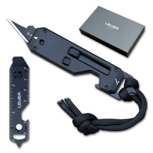 lever gear edge xt - mini utility knife keychain multitool w/ 10 tools - retractable razor blade mini box cutter otf knife - small edc pocket knives for men gift (black-blk)