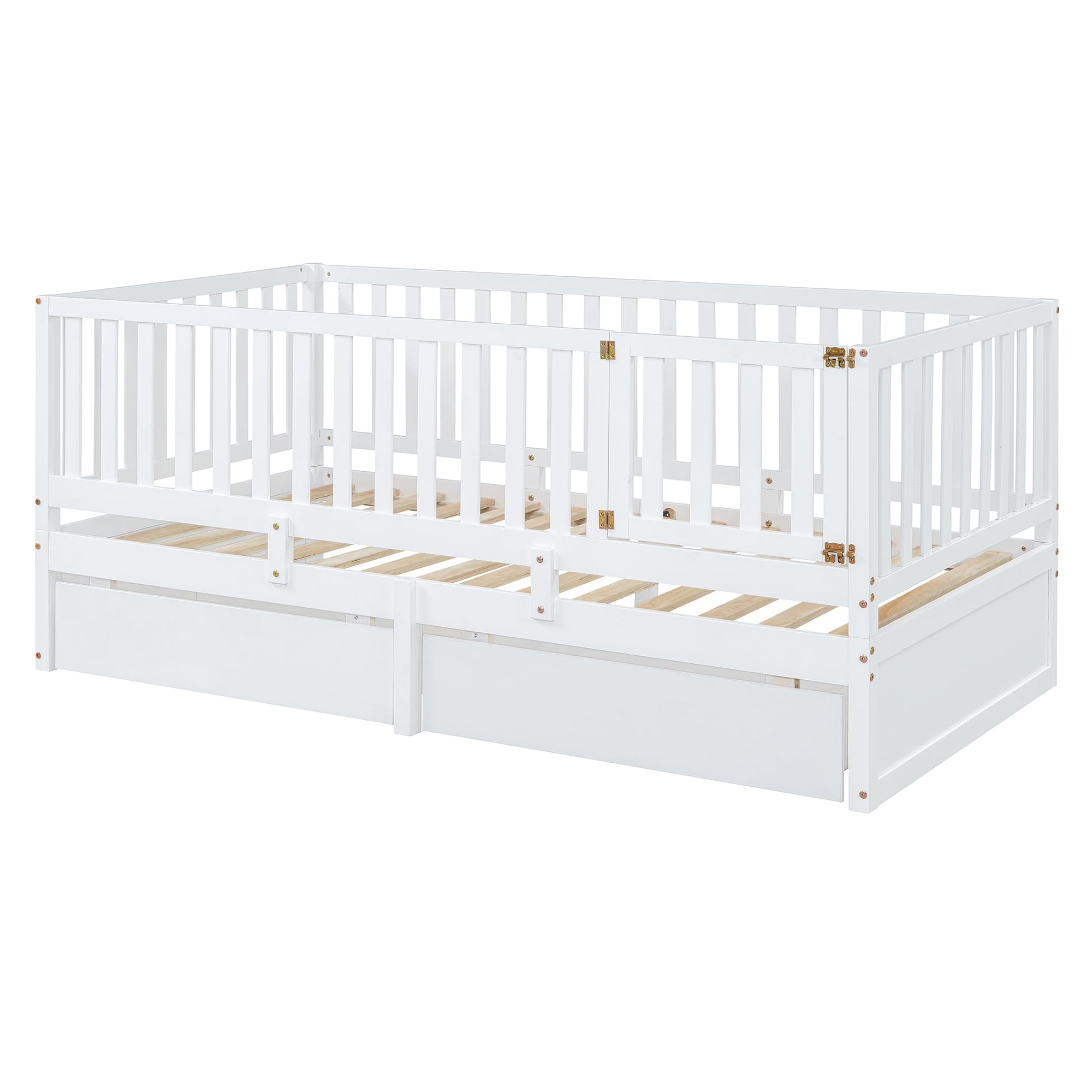 Twin Bed Frame with Rails and Storage Drawers, Can Be Divided into A Twin Size Floor Bed with Fence and A Daybed with 2 Drawers, Wood Montessori Beds for Kids Boys Girls Teens, White