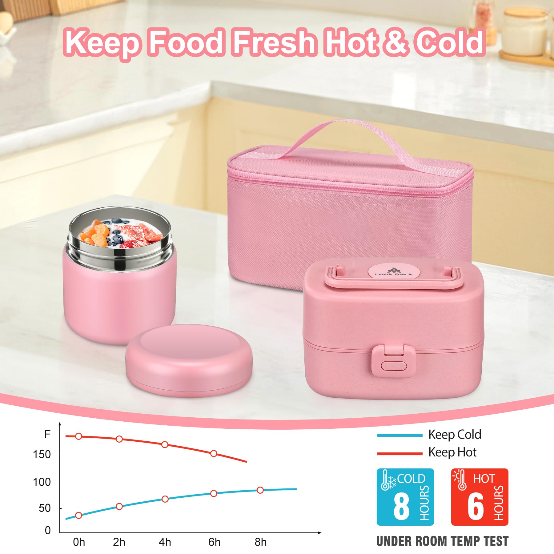 Pawtong Bento Lunch Box with 8oz Soup Thermo, Kids Sustainable Bento Box Leakproof Lunch Food Containers with Lunch Bag, Kids Thermo Insulated Hot Food Jar for School, Trvael (Pink)