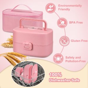 Pawtong Bento Lunch Box with 8oz Soup Thermo, Kids Sustainable Bento Box Leakproof Lunch Food Containers with Lunch Bag, Kids Thermo Insulated Hot Food Jar for School, Trvael (Pink)