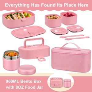 Pawtong Bento Lunch Box with 8oz Soup Thermo, Kids Sustainable Bento Box Leakproof Lunch Food Containers with Lunch Bag, Kids Thermo Insulated Hot Food Jar for School, Trvael (Pink)