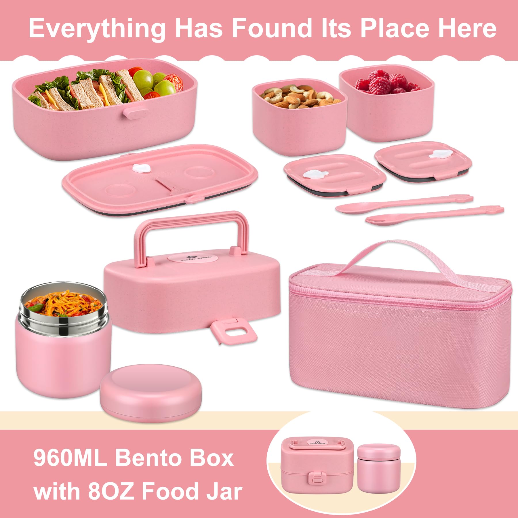 Pawtong Bento Lunch Box with 8oz Soup Thermo, Kids Sustainable Bento Box Leakproof Lunch Food Containers with Lunch Bag, Kids Thermo Insulated Hot Food Jar for School, Trvael (Pink)