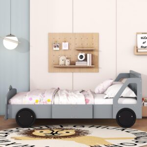 Harper & Bright Designs Full Size Car Bed for Kids, Wood Platform Bed with Wheels, Headboard and Footboard, Race Car Bed Frame with Slats Support for Boys Girls, Gray