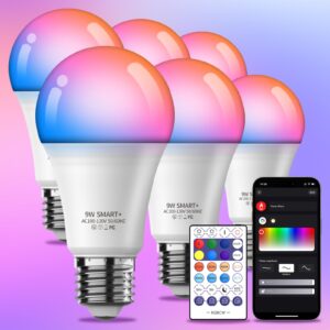 smart light bulbs 6pack with remote, color changing light bulbs work w/alexa google home, 9w a19 e26 800lm colored led bulb, 2.4ghz only, 50+ diy scenes, app & voice control wifi light bulbs