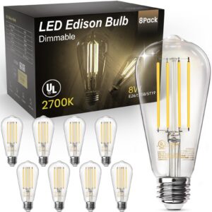 tjoy 8 pack edison led bulbs 60w equivalent, dimmable vintage light bulbs, high brightness 2700k warm white, e26 medium base st58, 8w, 800lm, 80+ cri, antique decorative filament bulb, clear glass