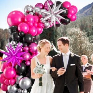 Black Pink Balloons Garland Arch Kit, Hot Pink Black Silver Balloons Arch With Star Balloons For Girls Birthday Engagement Anniversary Wedding Bridal Decoration