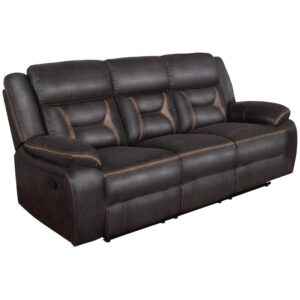 benjara 87 inch sofa, manual motion recliner, 2 ac and 2 usb, brown faux leather