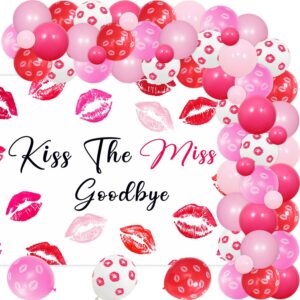 81pcs kiss the miss goodbye bachelorette decorations, hot pink balloon garland arch kit with kiss the miss goodbye backdrop red lips balloons for hen party bridal shower party suppiles