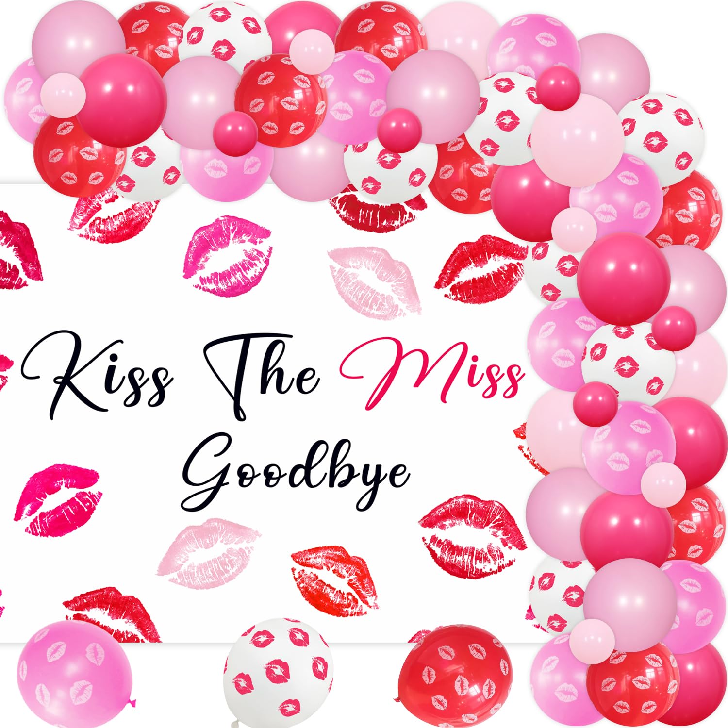 81Pcs Kiss the Miss Goodbye Bachelorette Decorations, Hot Pink Balloon Garland Arch Kit with Kiss the Miss Goodbye Backdrop Red Lips Balloons for Hen Party Bridal Shower Party Suppiles