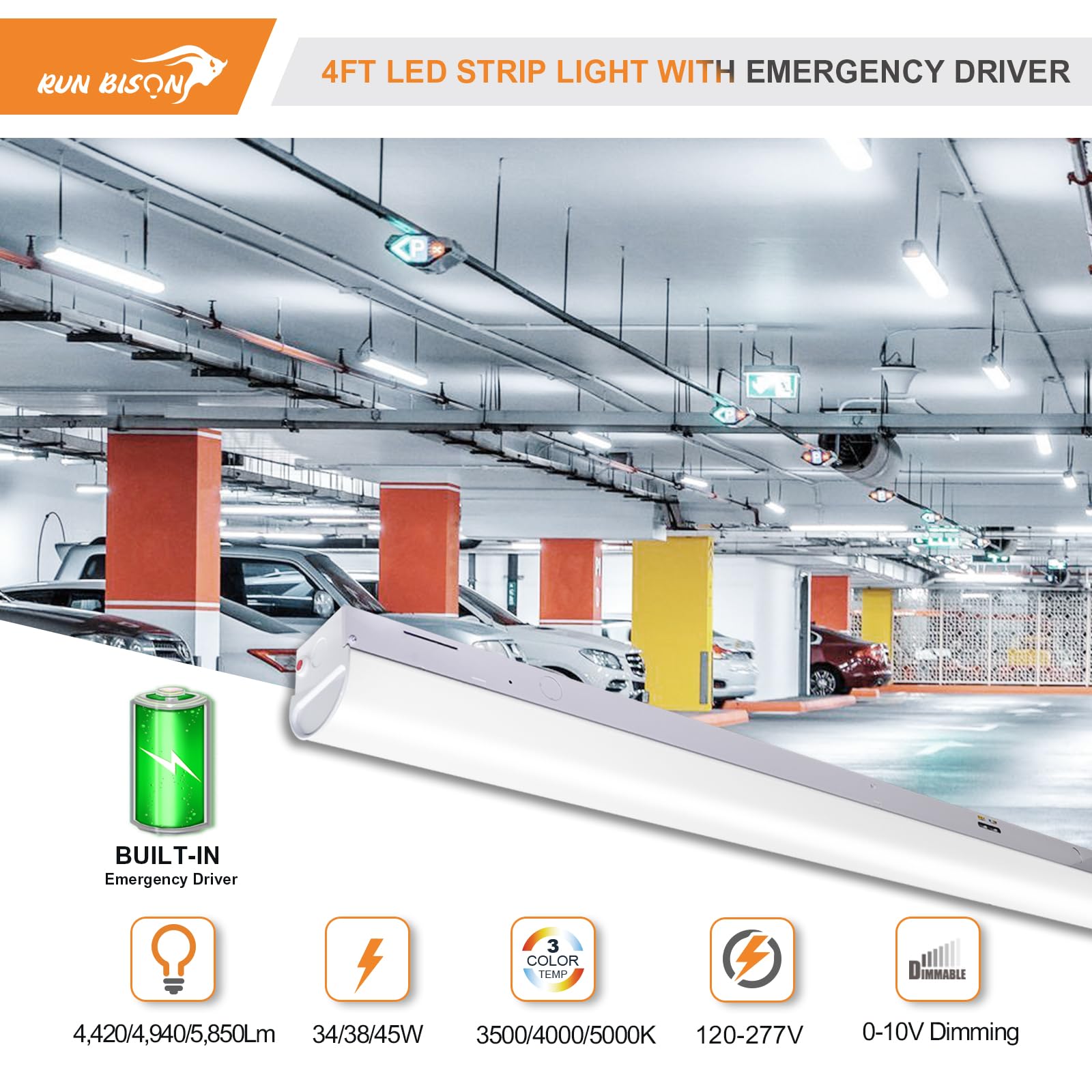 4FT LED Linear Shop Lights with Emergency Battery Backup,3 Color Selectable 3500K-5000K, Lumen Adjustable 4420/4940/5850LM,120-277V, 0-10V Dimmable, Built-in 90 Minute Emergency Battery (1PK)