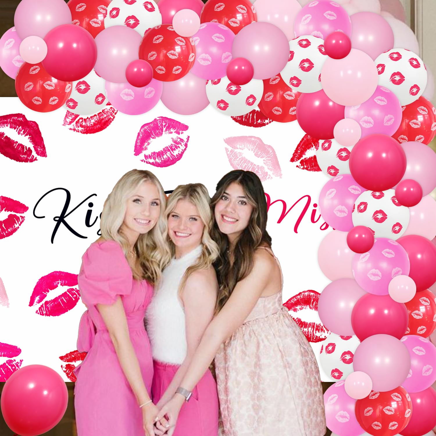 81Pcs Kiss the Miss Goodbye Bachelorette Decorations, Hot Pink Balloon Garland Arch Kit with Kiss the Miss Goodbye Backdrop Red Lips Balloons for Hen Party Bridal Shower Party Suppiles