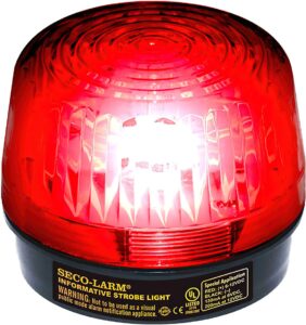 seco-larm sl-126-a24q/r strobe light, red; 6-24vdc; easy 2-wire installation; operating lifespan of over 300 continuous hours; protective inner cover included; 18awg ul listed leads, 12" long