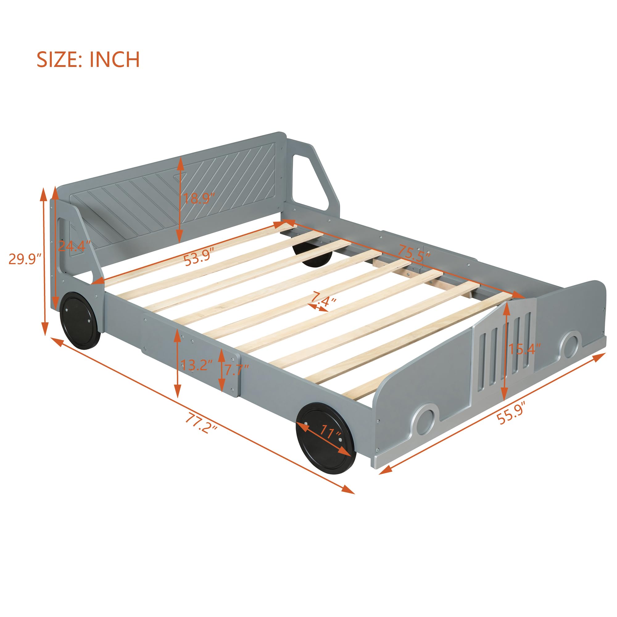 Harper & Bright Designs Full Size Car Bed for Kids, Wood Platform Bed with Wheels, Headboard and Footboard, Race Car Bed Frame with Slats Support for Boys Girls, Gray