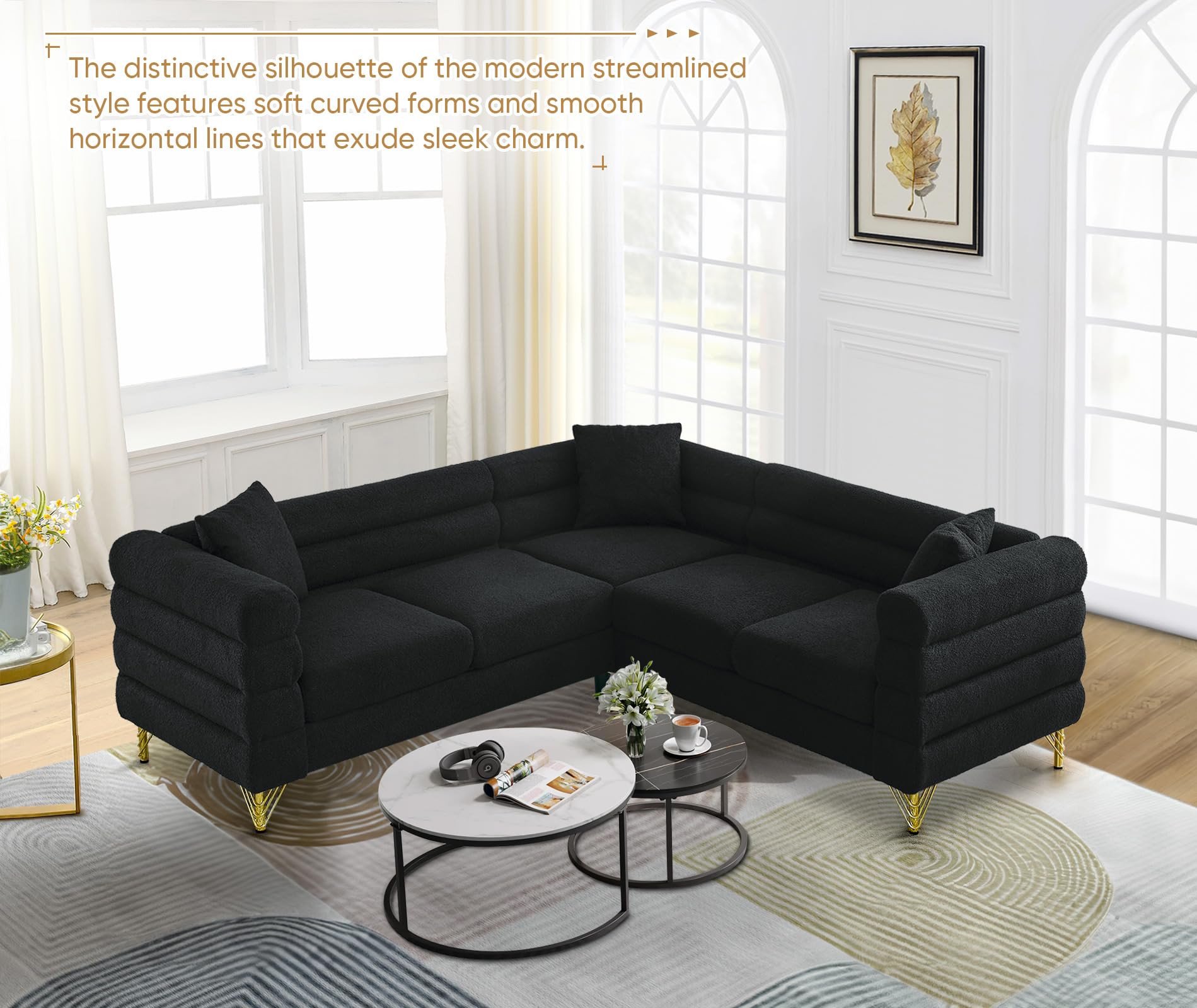 Comfy Boucle L Shaped Sofa, 81.5" Oversized Sectional Couch with Deep Seated Design, Upholstered Corner Sofa Couch with 3 Pillows, Modern Couches for Living Room, Apartment, Waiting Room, Black Teddy