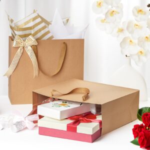 Ohuimrt 12 Pack 12" Large Gift Bags with Tissue Paper, Brown Kraft Paper Gift Bags with Ribbon Handles for Holiday Shopping Retail Merchandise Business, 12.5 x 4.5 x 11 Inches