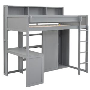 Bekeknlny Modern Twin Size Loft Bed with Built-in Desk,Wood Loft Bed with Multiple Storage Shelves and Wardrobe for Bedroom (Grey/Built-in Desk, Twin)