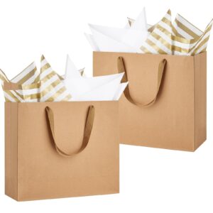 ohuimrt 12 pack 12" large gift bags with tissue paper, brown kraft paper gift bags with ribbon handles for holiday shopping retail merchandise business, 12.5 x 4.5 x 11 inches