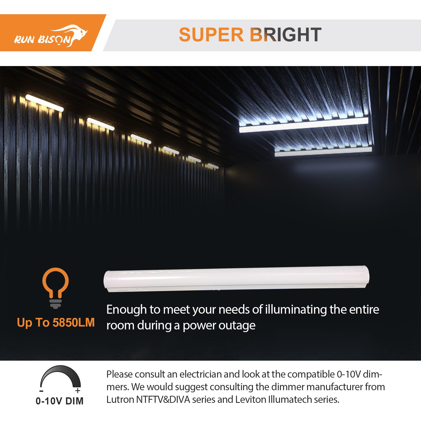 4FT LED Linear Shop Lights with Emergency Battery Backup,3 Color Selectable 3500K-5000K, Lumen Adjustable 4420/4940/5850LM,120-277V, 0-10V Dimmable, Built-in 90 Minute Emergency Battery (1PK)