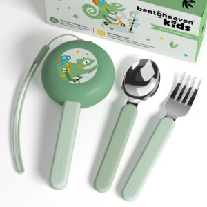 bentoheaven kids travel utensils with case, food-grade stainless steel & bpa-free plastic, travel kid cutlery set, dishwasher safe fork, spoon & case, reusable flatware, silverware for kids(chameleon)