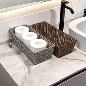 GIB Bathroom Baskets for Organizing, Toilet Paper Baskets for Back of Toilet Tank Top, Small Wicker Basket for Organizing, Waterproof Decorative Rectangle Woven Baskets, Grey, Set of 2