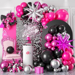 black pink balloons garland arch kit, hot pink black silver balloons arch with star balloons for girls birthday engagement anniversary wedding bridal decoration