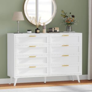 rovaurx 8 drawer double dresser for bedroom, chest of dressers, modern wooden dresser chest with golden handles, beside table for closet, living room and entryway, white rdg003w