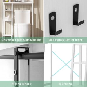 MU Over The Toilet Storage Cabinet with Sliding Door, 32.5" W Free Standing Toilet Shelf Space Saver with 3 Side Hooks & Anti-Tip Design, Space-Saving Toilet Rack for Bathroom, Laundry, White