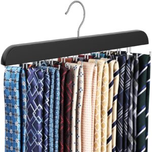 resovo upgraded tie rack hanger with 20 foldable metal hooks, space saving necktie organizer for men – large capacity tie and belt wooden hanger for closet - black