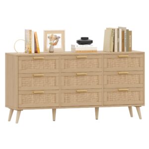 rovaurx 9 drawer double dresser for bedroom, rattan chest of dressers, modern wooden dresser chest with golden handles, beside table for closet, living room and entryway, natural