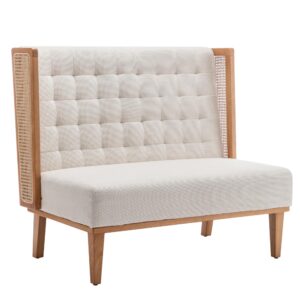 andeworld loveseat settee bench with rattan arms, upholstered modern mini high-back sofa couch,banquette dining bench for living dining room bedroom office small space entryway，beige