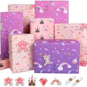 edunass wrapping paper girls birthday wrapping paper sheets,purple castle pink gift wrapping paper set gift wrap birthday paper(6 sheets 28" lx20 w per sheet)