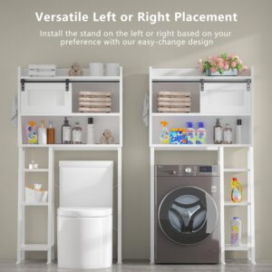 MU Over The Toilet Storage Cabinet with Sliding Door, 32.5" W Free Standing Toilet Shelf Space Saver with 3 Side Hooks & Anti-Tip Design, Space-Saving Toilet Rack for Bathroom, Laundry, White