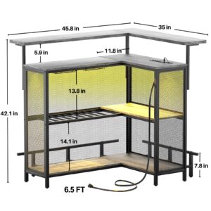 Hyomdeck L Shaped Home Bar with Power Outlet & LED Light, Corner Bar Cabinet with Footrest, Liquor Cabinet with Wine Glass Rack, Coffee Bar Table with Storage for Home Kitchen, Dining Room, Light Oak