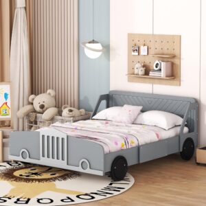 harper & bright designs full size car bed for kids, wood platform bed with wheels, headboard and footboard, race car bed frame with slats support for boys girls, gray