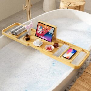 Premium Bathtub Tray Caddy - Expandable Bath Caddy Tray - Adjustable Bamboo Bath Caddy Tub Table - Unique House Warming Gifts New Home - Nature Bamboo